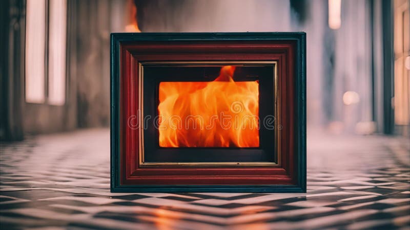 Fireplace Burning Inside a Framed Window in an Old Building Stock ...