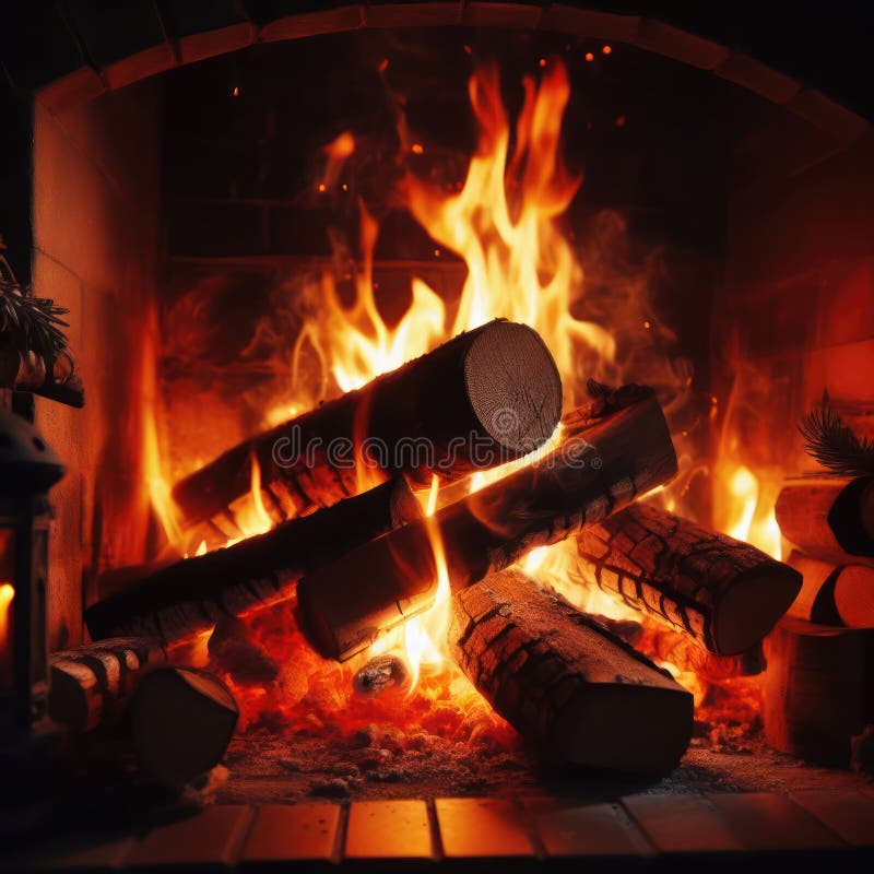 Energy Fireplace Heating Solution. Burning Fire, Wooden Floor, Concrete ...