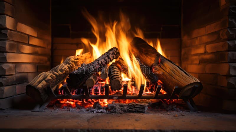 Energy Fireplace Heating Solution. Burning Fire, Wooden Floor, Concrete ...