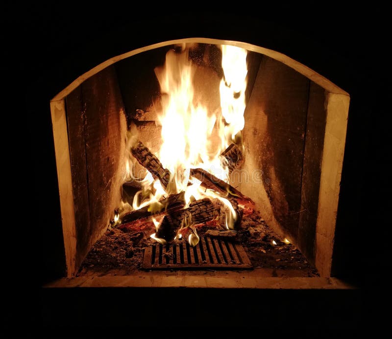 Fireplace Burning Wood in the Dark Stock Photo - Image of blaze ...