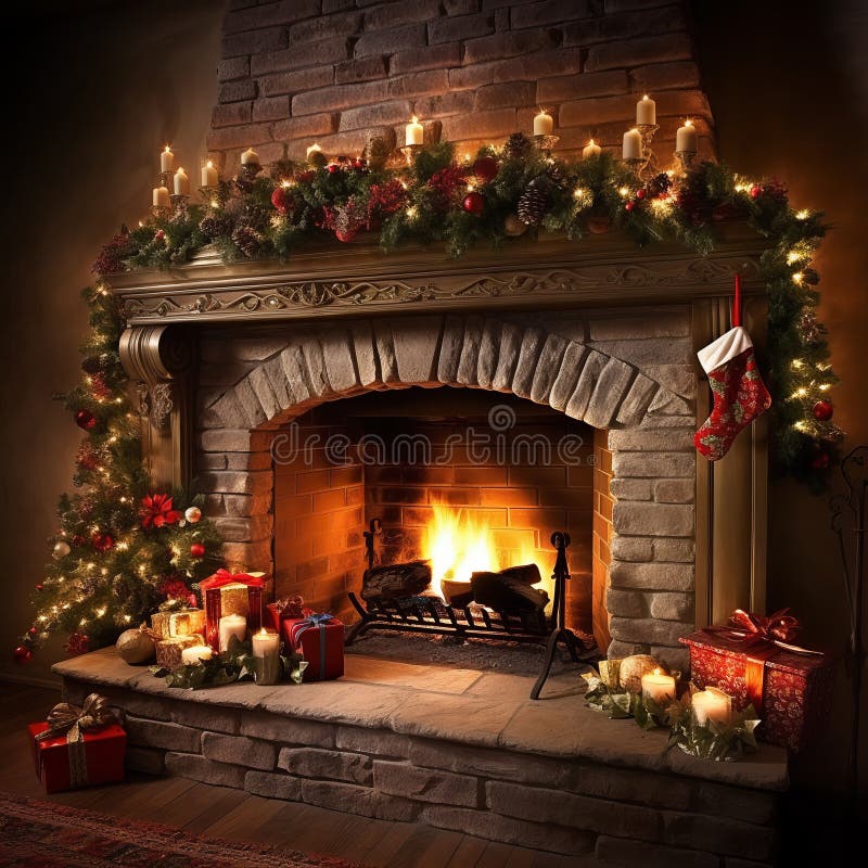 Fireplace with Christmas Tree Decorations, Candles and Presents. Cozy ...