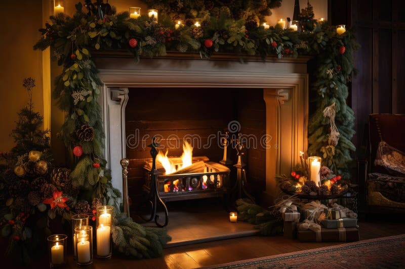 A Fireplace with a Crackling Fire, Surrounded by Festive Greenery and ...