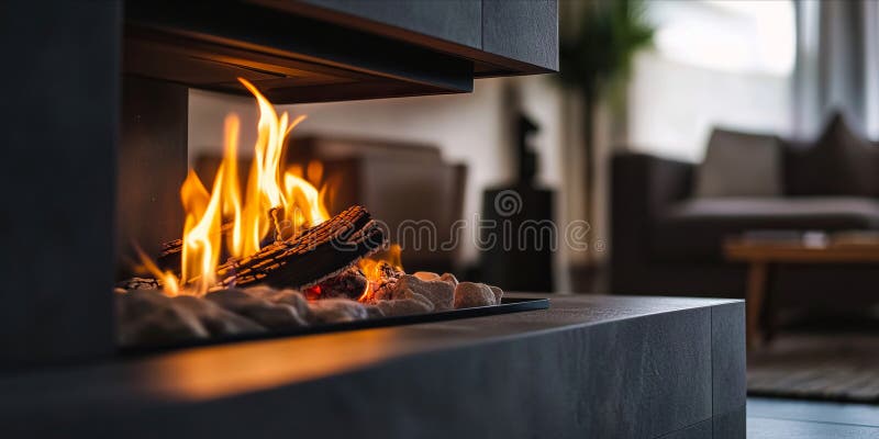A Fireplace with a Fire Burning in it in a Living Room Stock Image ...