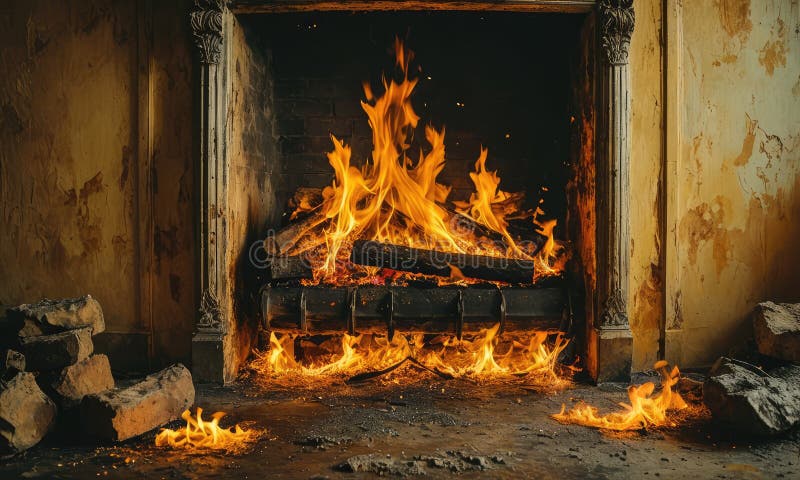 A Fireplace with a Fire Burning in it, with a Log on the Left Side and ...