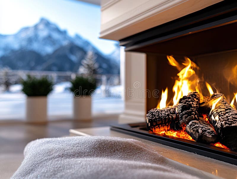 A Fireplace with a Fire Burning in it in the Snow Stock Photo - Image ...