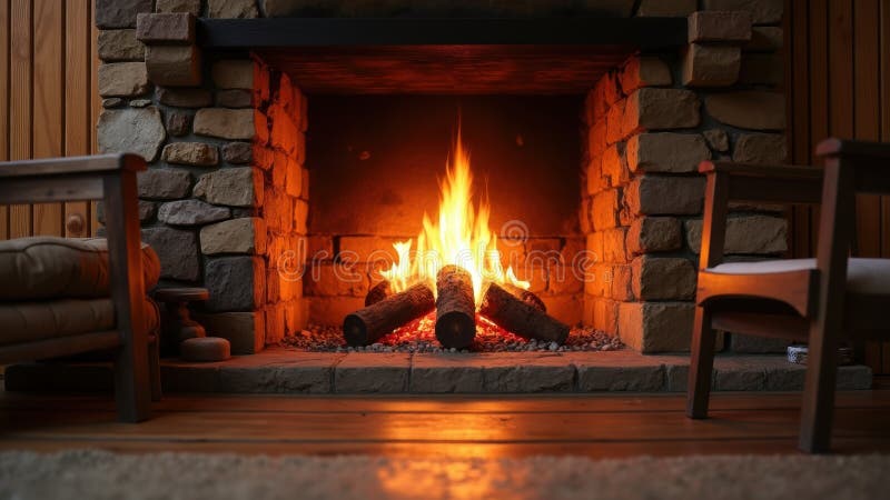 Fireplace with a Fire Burning in it Stock Image - Image of room, brick ...