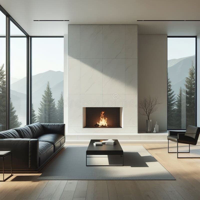 Fireplace Fire Modern Windows Sofa - Ai Generated Stock Illustration ...