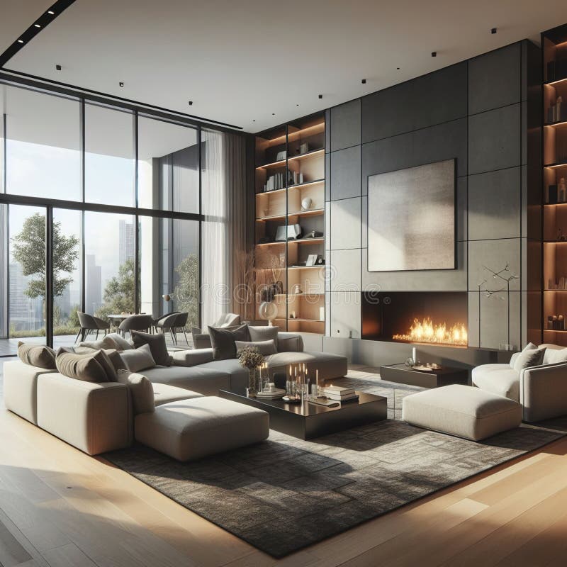 Fireplace Fire Modern Windows Sofa - Ai Generated Stock Illustration ...