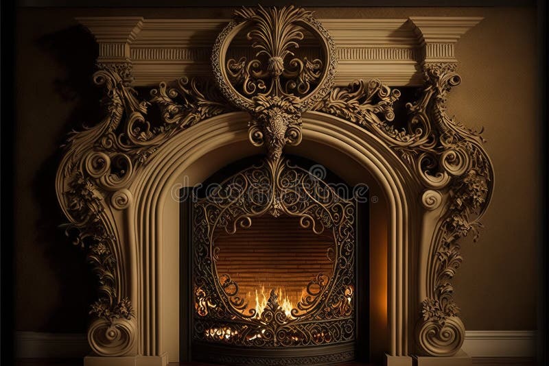 A Fireplace with a Fire in it in a Room with a Wall and a Chair in ...