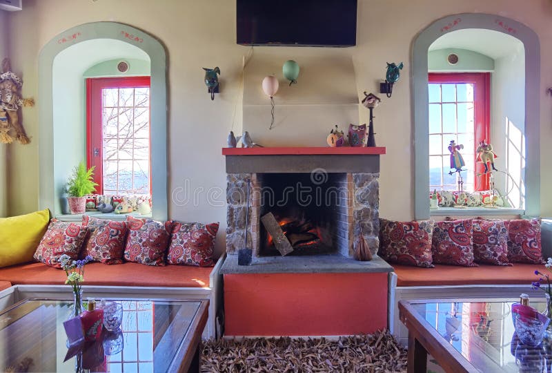 Fireplace Fire Woods Windows Traditional Decoration Stock Image - Image ...