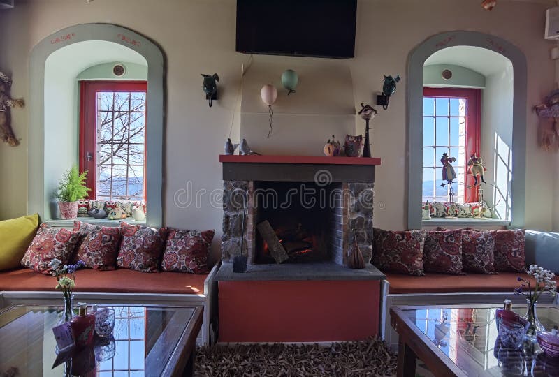 Fireplace Fire Woods Windows Traditional Decoration Stock Photo - Image ...