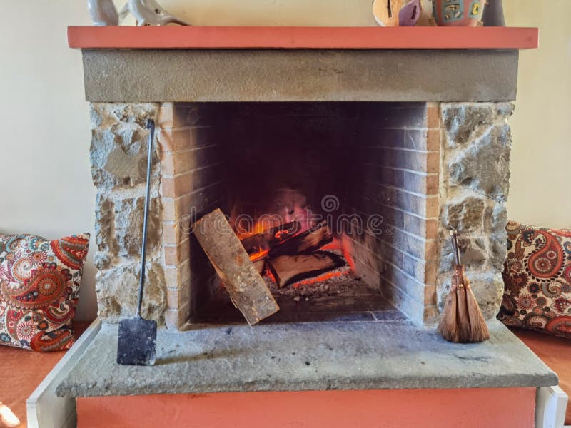 Fireplace Fire Woods Windows Traditional Decoration Stock Image - Image ...