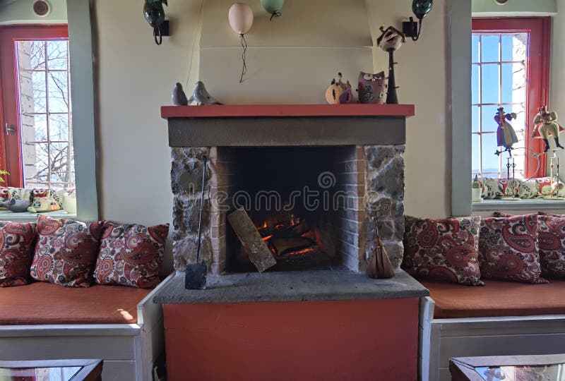 Fireplace Fire Woods Windows Traditional Decoration Stock Photo - Image ...