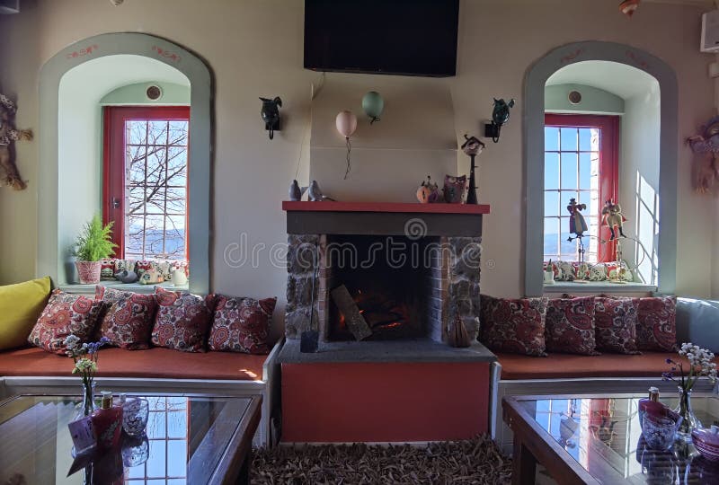 Fireplace Fire Woods Windows Traditional Decoration Stock Photo - Image ...