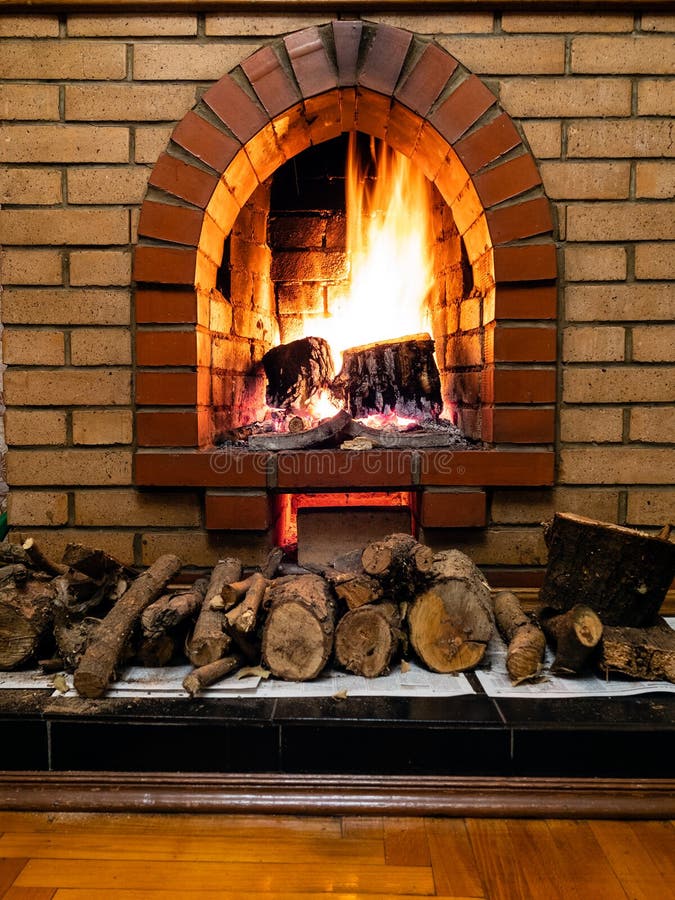 Firewood in Front of Fireplace with Fire Stock Photo - Image of heating ...