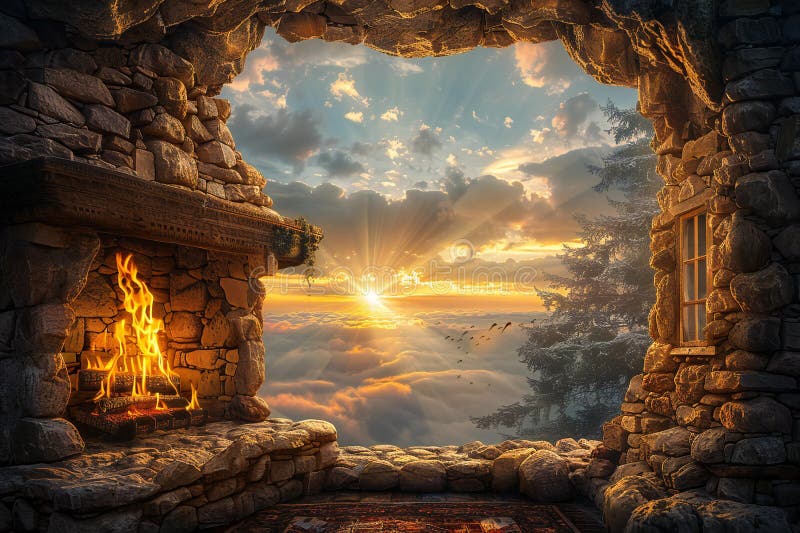 A Fireplace with Flames in the Left Side of an Ancient Stone Grotto, on ...