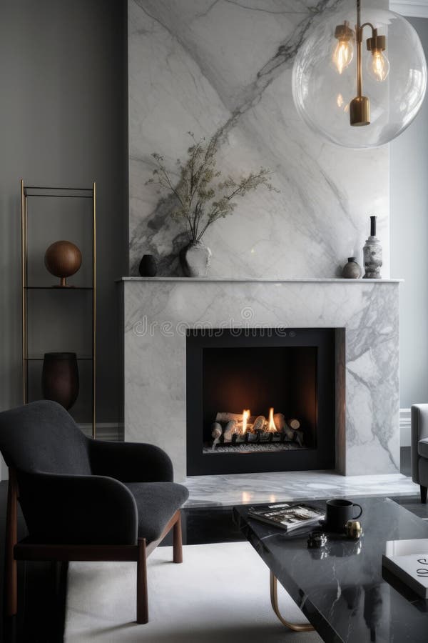 Fireplace with Flames in Modern Living Room, Created Using Generative ...