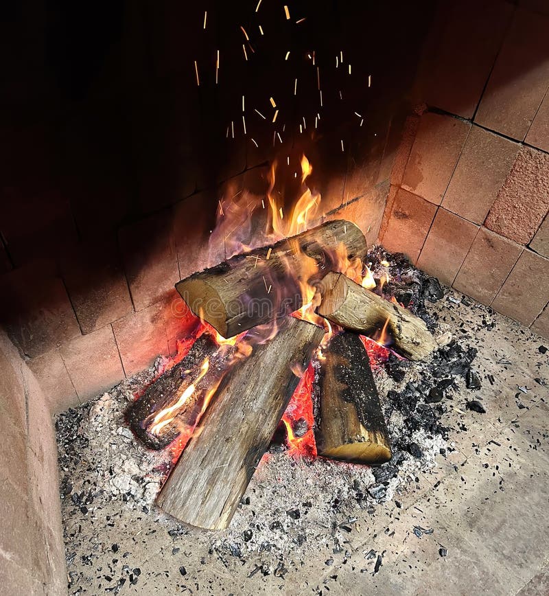 Fireplace Inside a House with Wood and Fire. Stock Photo - Image of ...