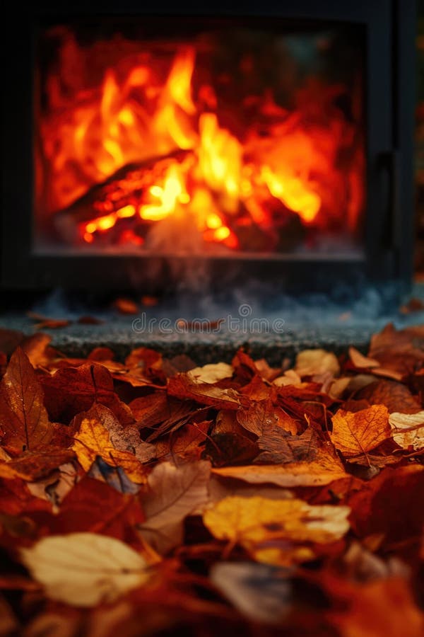 Fireplace with leaves stock image. Image of nature, fireplace - 374367285