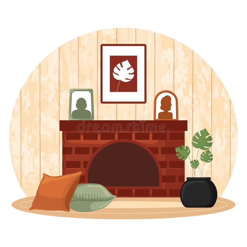 Fireplace Mantle with Decor and Cozy Pillows, Vector Stock Illustration ...