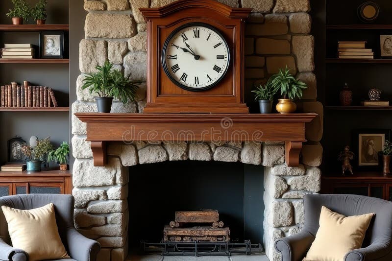 Fireplace Mantle with Elegant Mantel Clock Stock Illustration ...
