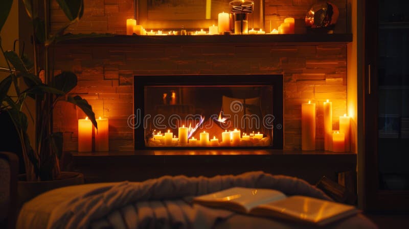 A Fireplace Nook with a Glowing Fire and Flickering Candles Creating a ...