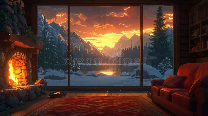 A Fireplace Positioned in Front of a Window Overlooking the Mountains ...