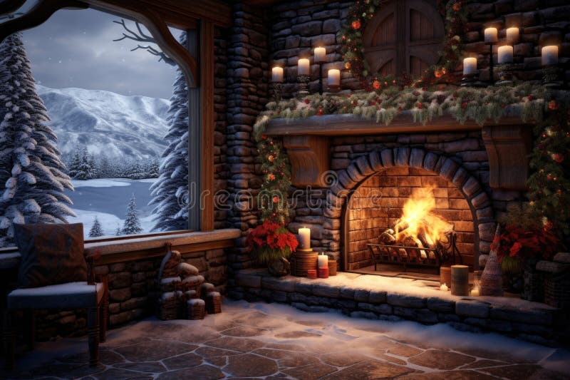 Fireplace with a Roaring Fire and Snow Falling Outside Stock ...
