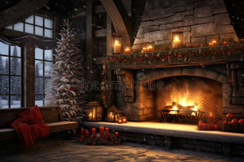 Fireplace with a Roaring Fire and Snow Falling Outside Stock ...