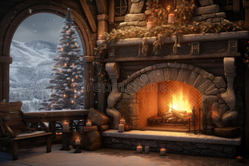Fireplace with a Roaring Fire and Snow Falling Outside Stock ...