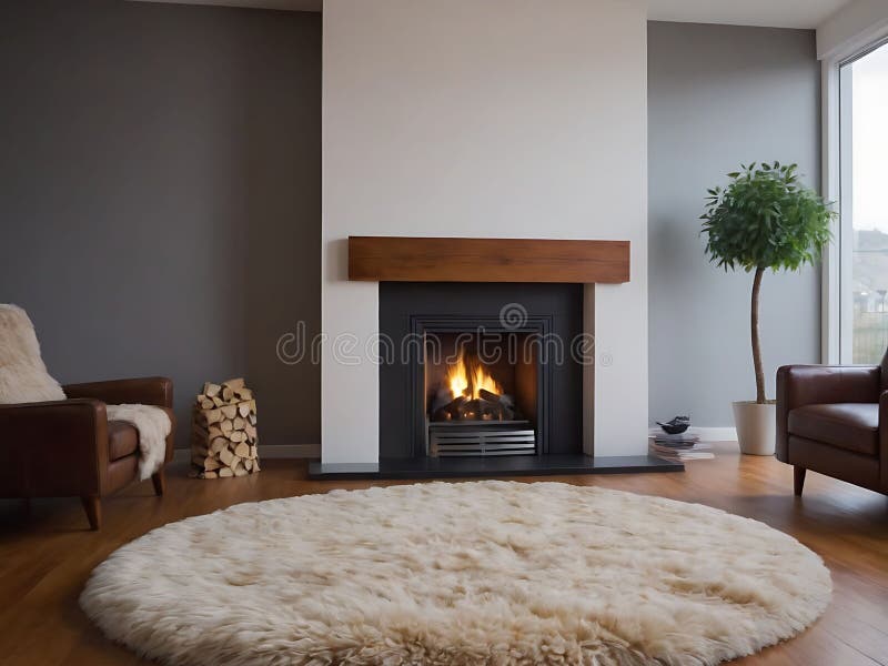 Fireplace Rug. Modern Fire Burning Fireplace Room Interior Rug Sheep ...