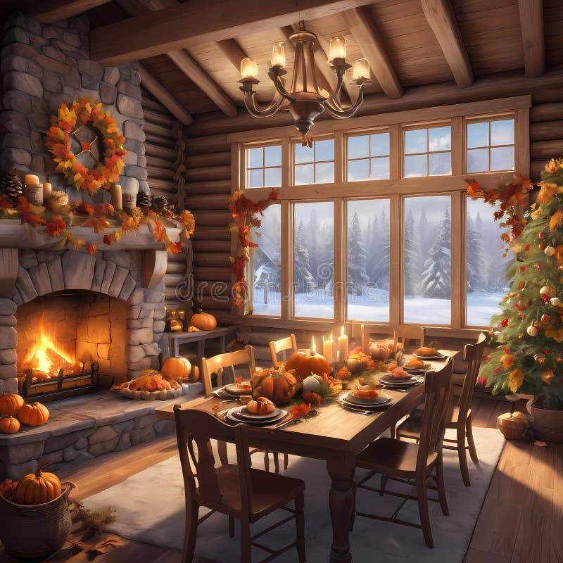 A Fireplace and a Table, Overflowing with Thanksgiving Dishes, Snow ...