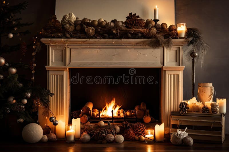 A Fireplace with a Warm and Inviting Fire, Surrounded by Festive ...