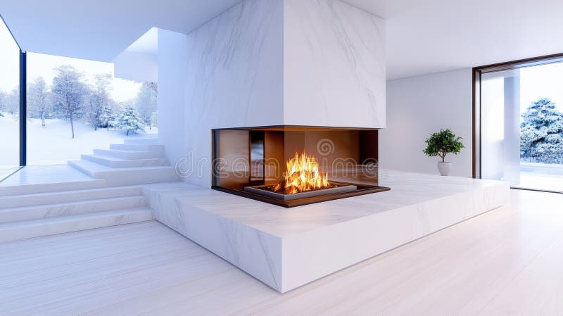 A Fireplace in a White Room with Stairs and Windows, AI Stock Photo ...