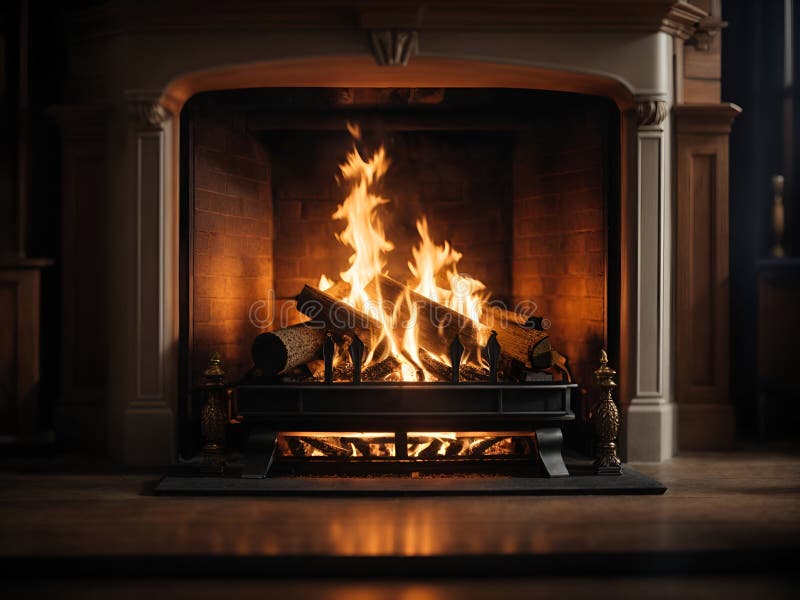 Fireplace with Wood Log Fire Burning on Iron Grate in Classic House ...
