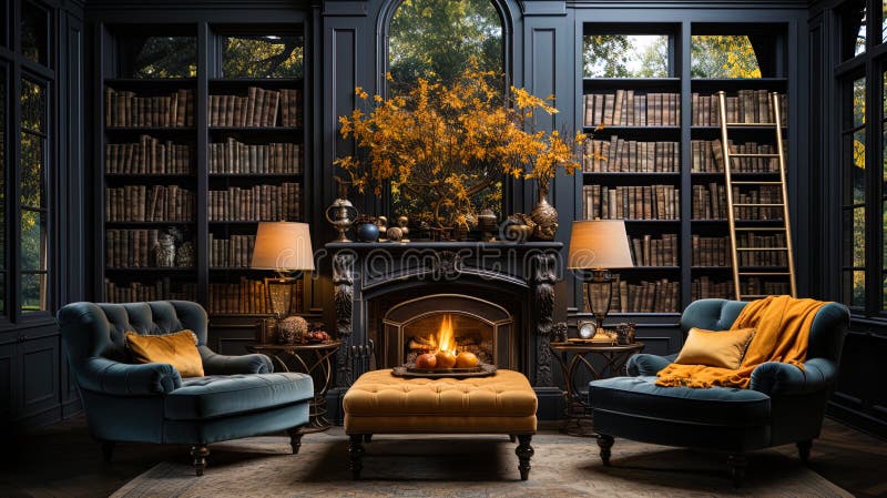 A Fireplace Zone in a Home Library with Soft Chairs for Com Stock Photo ...