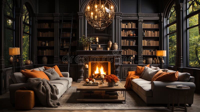 A Fireplace Zone in a Home Library with Soft Chairs for Comf Stock ...
