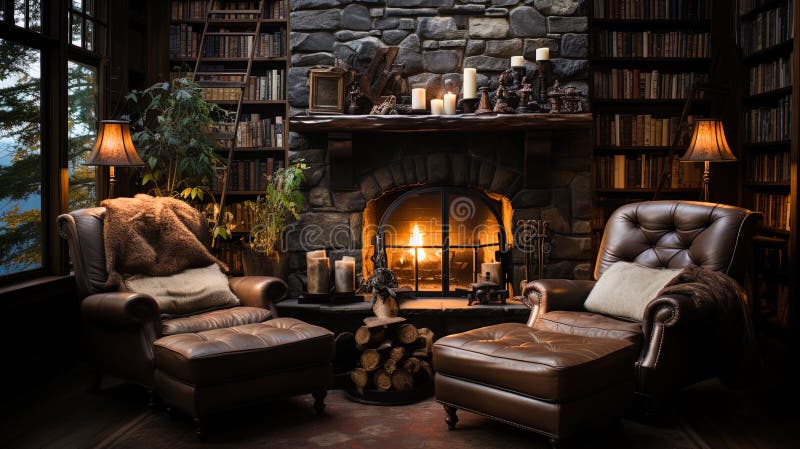 A Fireplace Zone in a Home Library with Soft Chairs for Comfo Stock ...