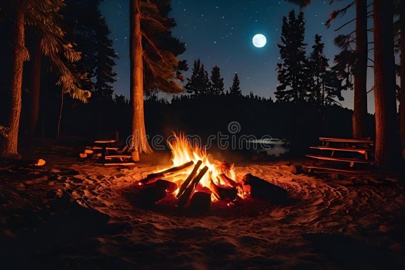 Camp Fire or Bonfire in the Moonlight. Stock Illustration ...