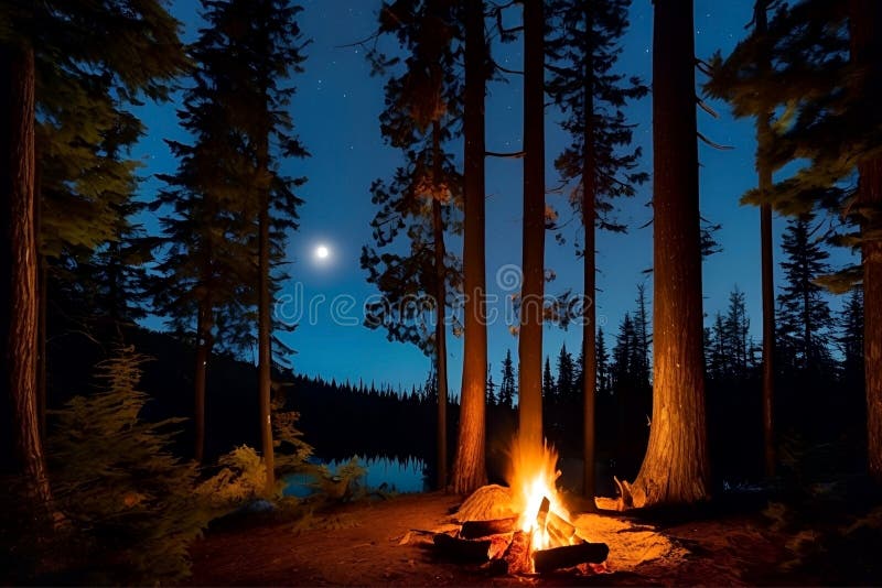 Camp Fire or Bonfire in the Moonlight. Stock Illustration ...