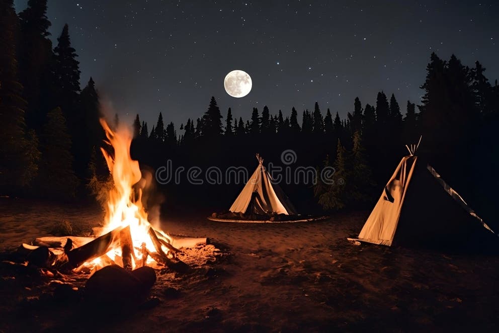 Camp Fire or Bonfire in the Moonlight. Stock Illustration ...