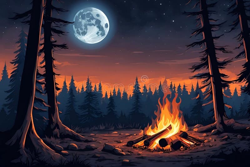 Camp Fire or Bonfire in the Moonlight. Stock Illustration ...