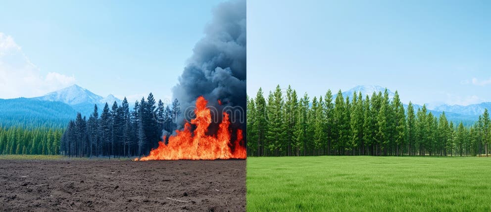 Fires and Forest Protection in Summer. Split Screen Includes a Fire and ...