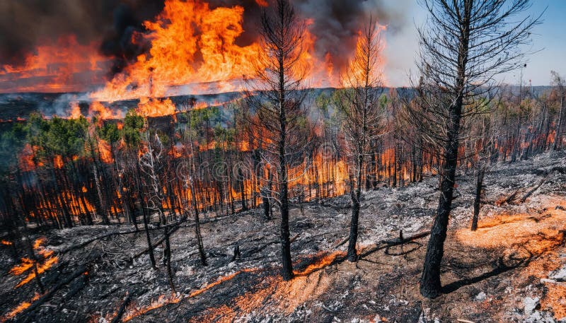 Fires Raging through Charred Trees Against a Backdrop of Crimson Sky in ...
