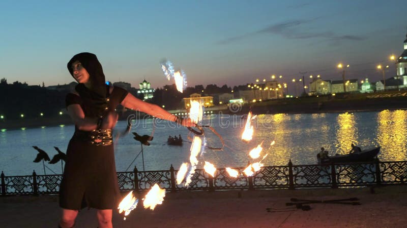 Fireshow Performance with Burning Torch at Night Outdoor 4k Stock ...