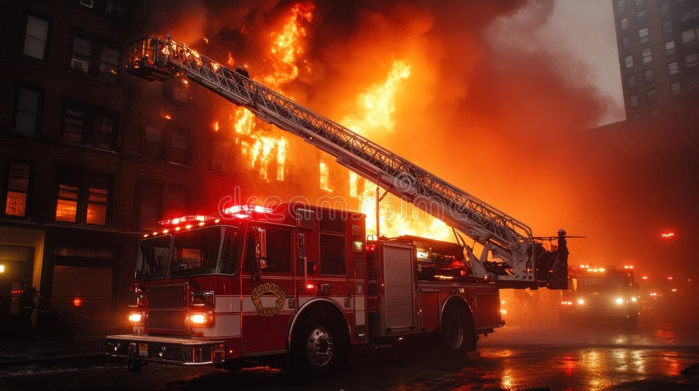 Fire Truck with Fire Fighter Brigade Working at Burning Building Stock ...