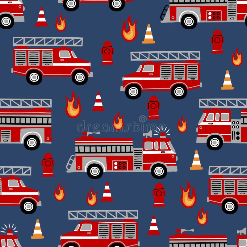 Hand Drawn Firetrucks on Dark Blue Background. Stock Vector ...
