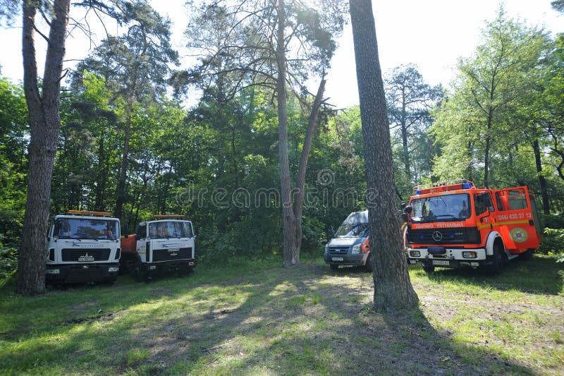 Firetrucks Parked on a Forest Lane before Firefighting Training ...
