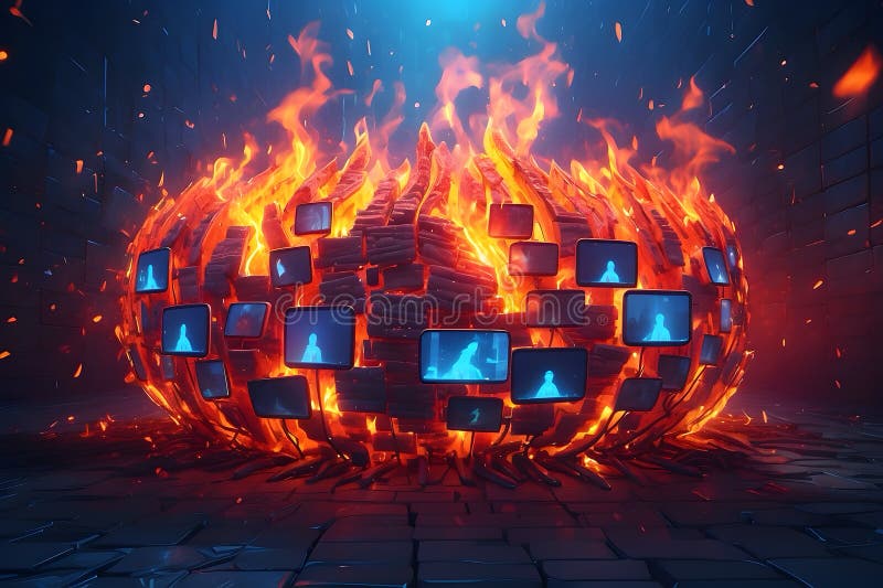 Firewall Barrier, Fiery Digital Firewall Made of Flames and Glowing ...
