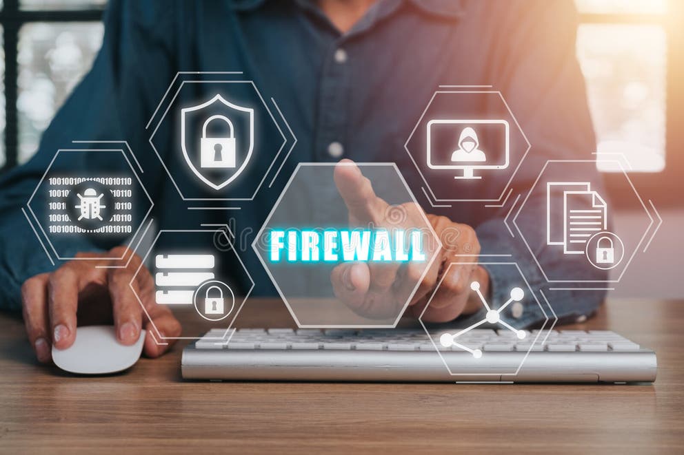 Firewall Computing Security Concept, Person Working on Computer with ...